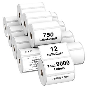 AveneMark 12 Rolls 4" x 2" Direct Thermal Labels for Barcodes Postage Address Shipping Labels Compatible with Rollo & Zebra Desktop Printers Adhesive - 750 Labels/Roll
