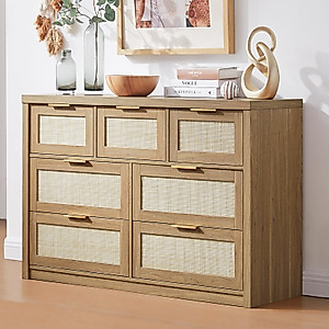 OAKHAM HOME 7 Drawer Dresser, Large Dresser for Bedroom, Rattan Chests of Drawers with Metal Handle and Wide Drawers, Wood Dressers Organizer TV Stand, 52.76" W x 17.71" D x 31.69" H