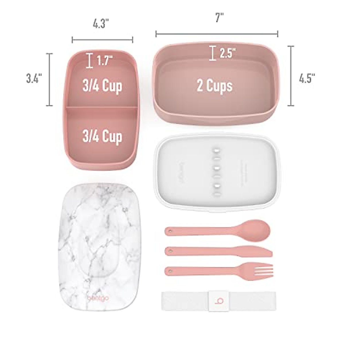 Bentgo Classic - All-in-One Stackable Bento Lunch Box Container - Modern Bento-Style Design Includes 2 Stackable Containers, Built-in Plastic Utensil Set, and Nylon Sealing Strap (Blush Marble)