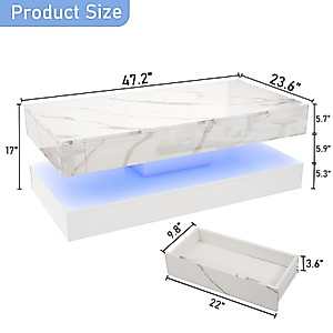 chartustriable 47inch Large High-Glossy LED Coffee Table with 2 Sliding Drawers, Living Room Storage Tables with Marbling Print, Modern Stylish Double-Layer Center Tables w/LED Lights, White