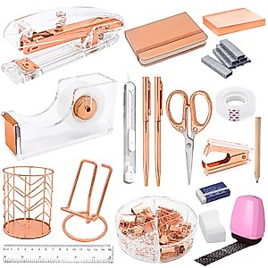 YOLOZAI 17PCS Office Supplies and Accessories Set Desk Accessories, Notebook, Acrylic Stapler, Staple Remover, Tape Dispenser, Clips, ID Roller, Scissor, Utility Knife, Phone Holder, Pen, Pen Holder