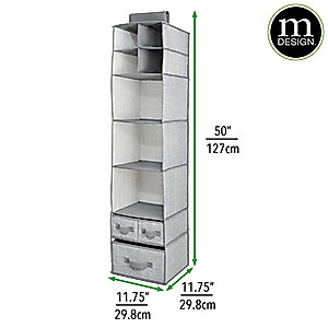mDesign Soft Fabric Over Closet Rod Hanging Storage Organizer with 7 Shelves and 3 Removable Drawers for Child/Kids Room or Nursery - Textured Print - 2 Pack - Gray