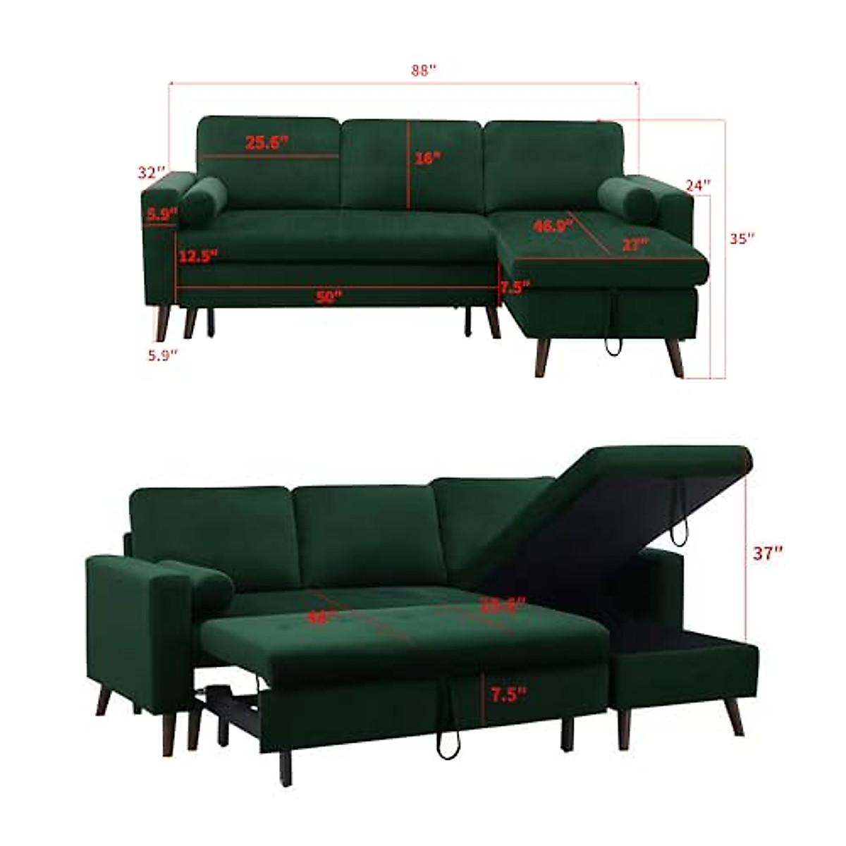 Eafurn Reversible Corner Sectional Sofa Pull Out Bed with Storage Chaise Lounge (Left & Right), 3 Seater Velvet Upholstered Convertible Sleeper Couch Bed, L Shaped Pullout Sofa&Couch for Living Room