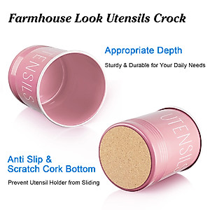 Bivvclaz Kitchen Utensil Holder - 6.7" Utensil Holder for Kitchen Counter - Cooking Utensil Crock with Cork Bottom - Pink Kitchen Decor and Accessories - Utensil Storage Caddy Organizer