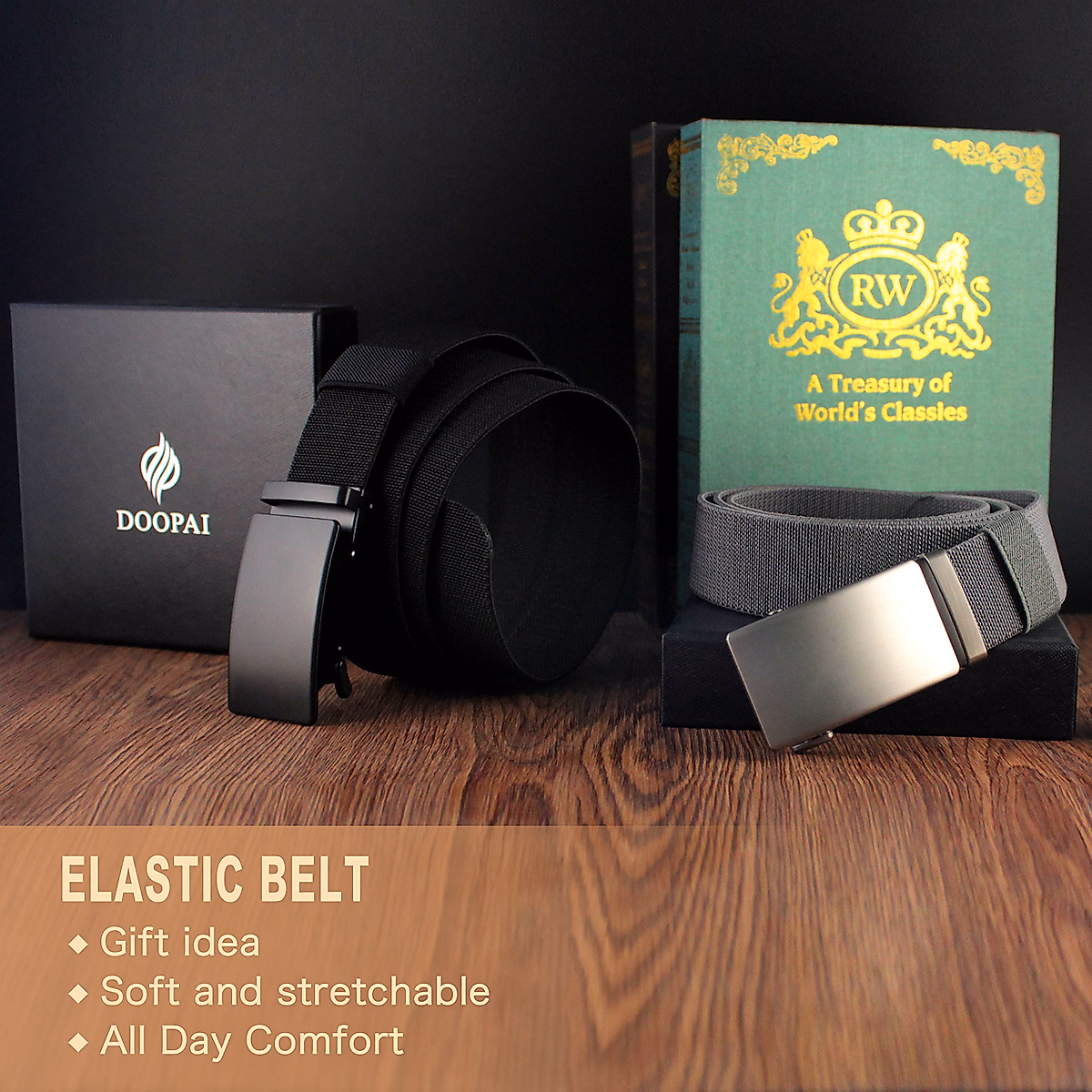 DOOPAI Belt Men, elastic golf belts for men, 2 Pack Nylon Ratchet Belt Mens Belts Casual, Adjustable Trim to Fit