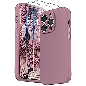 SURPHY Designed for iPhone 14 Pro Case with Screen Protector, (Camera Protection + Soft Microfiber Lining) Liquid Silicone Phone Case, Lilac Purple
