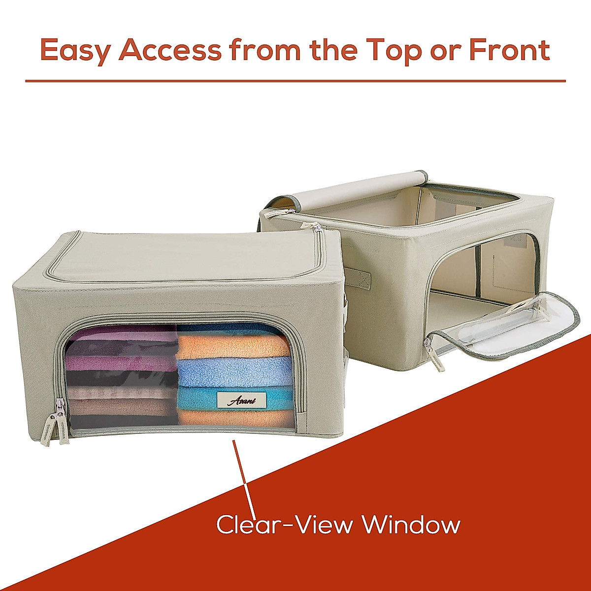 Asani Foldable Storage Bin Boxes with Clear Window, Decorative Bedroom Closet Organizer for Clothes, Bedsheet, Blanket, Reinforced Carry Handles, Double Study Zipper, Fabric, 15.75" L X 12" W X 8" H