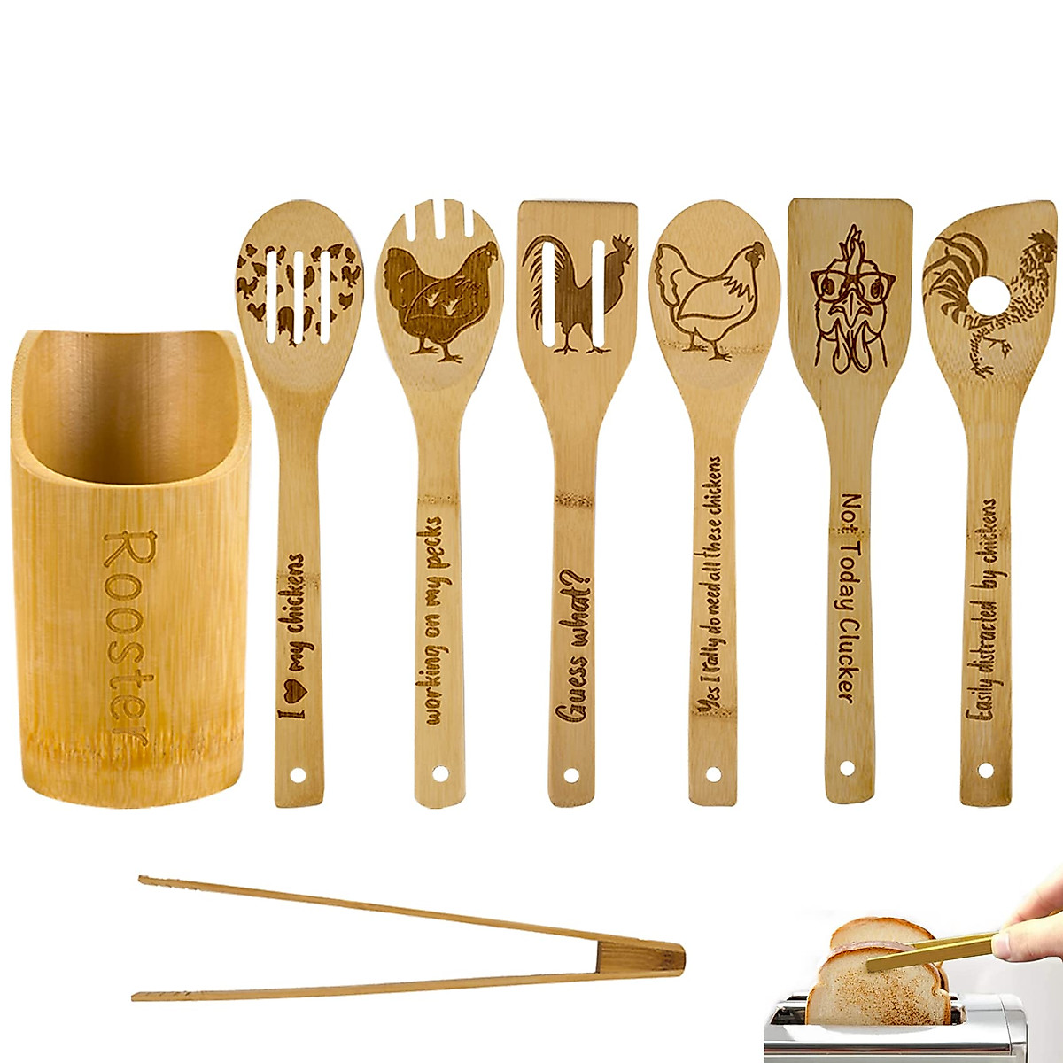 8PCS Rooster Wooden Cooking Spoons with Holder,Rooster Kitchen Decor,Chicken Decor,Farmhouse Kitchen Decor,Chicken Gifts,Rooster Gift for Women,Housewarming Wedding Mom Mother's Day Gift Cooking Gift