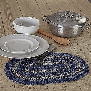 VHC Brands Farmhouse Great Falls Blue Table Placemat, Blue White, Jute Blend, Oval, 10x15 Inches