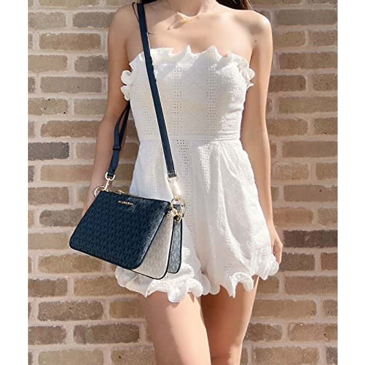 Michael Kors Jet Set Item Medium Triple Pouch Crossbody Bag Navy Blue White MK