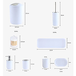 Bathroom Accessories Set, 8 Piece Plastic Gift Set, Toothbrush Holder, Toothbrush Cup, Soap Dispenser, Soap Dish, Toilet Brush Holder, Trash Can (White)