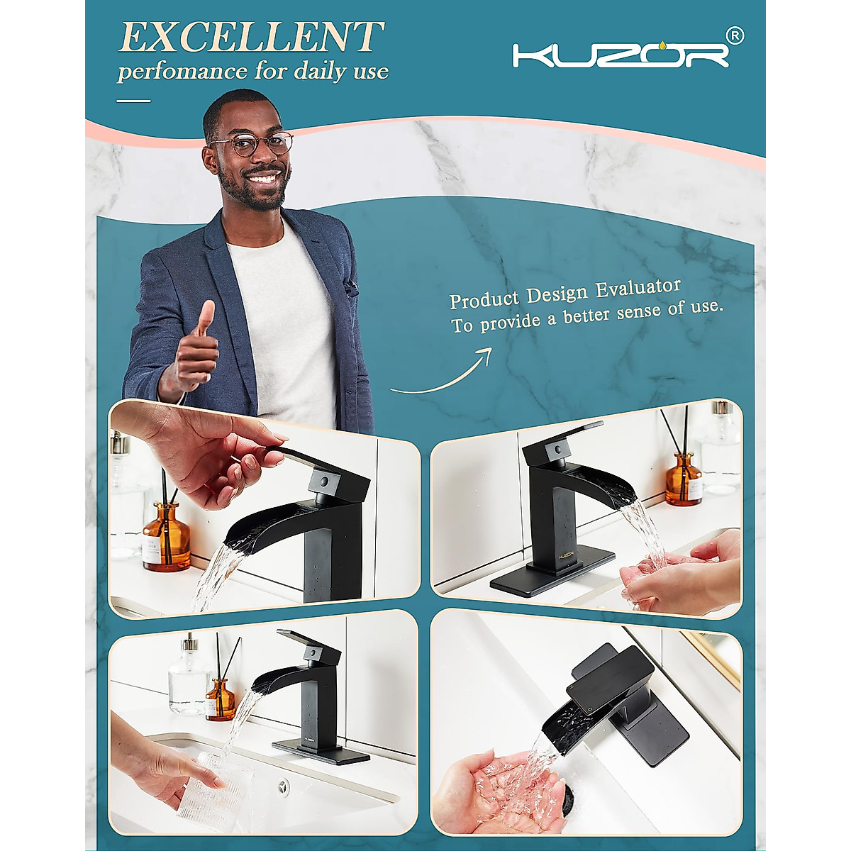 KUZOR Bathroom Faucets Single Hole Black Matte, Waterfall Matt Black Bathroom Sink Faucet One Hole with Metal Pop Up Drain, Solid Brass Square Faucet for Bathroom Vanity