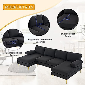 VERYKE Modern U Shaped Sectional Sofa Couch for Living Room, 110'' Linen Fabric Couch Sofa, Upholstered Sofa Bed with Golden Metal Legs for Home Office