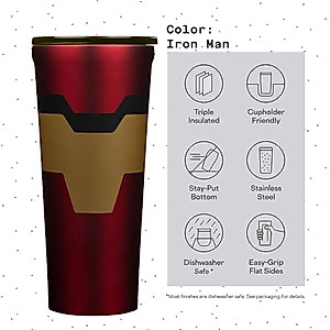 Corkcicle Marvel 24 Ounce Triple Insulated Stainless Steel Travel Cup Tumbler with Lid and Silicone Bottom for Hot and Cold Drinks, Iron Man