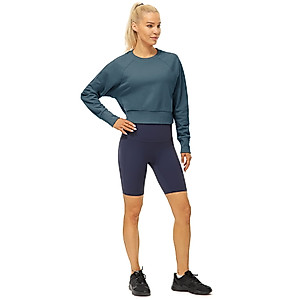 icyzone Cropped Crewneck Sweatshirt for Women, Casual Long Sleeve Pullover Tops for Spring Fall Winter (Medium, Dusty Blue)