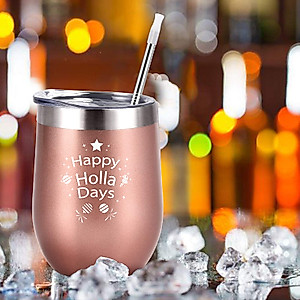 Christmas Stemless Wine Tumbler Set of 4, Funny Christmas Gifts for Women Wine Lovers Mom Sister Best Friends, Housewarming Gifts, Insulated Stainless Steel Wine Tumbler with lid(12oz, Rose Gold)