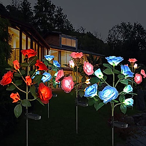 Chasgo Blue Rose Flower Lights Solar Garden Stake Lights with 7 LED Rose Lights Outdoor Waterproof Solar Decorative Lights for Garden Yard Lawn Memorial Cemetery Decoration
