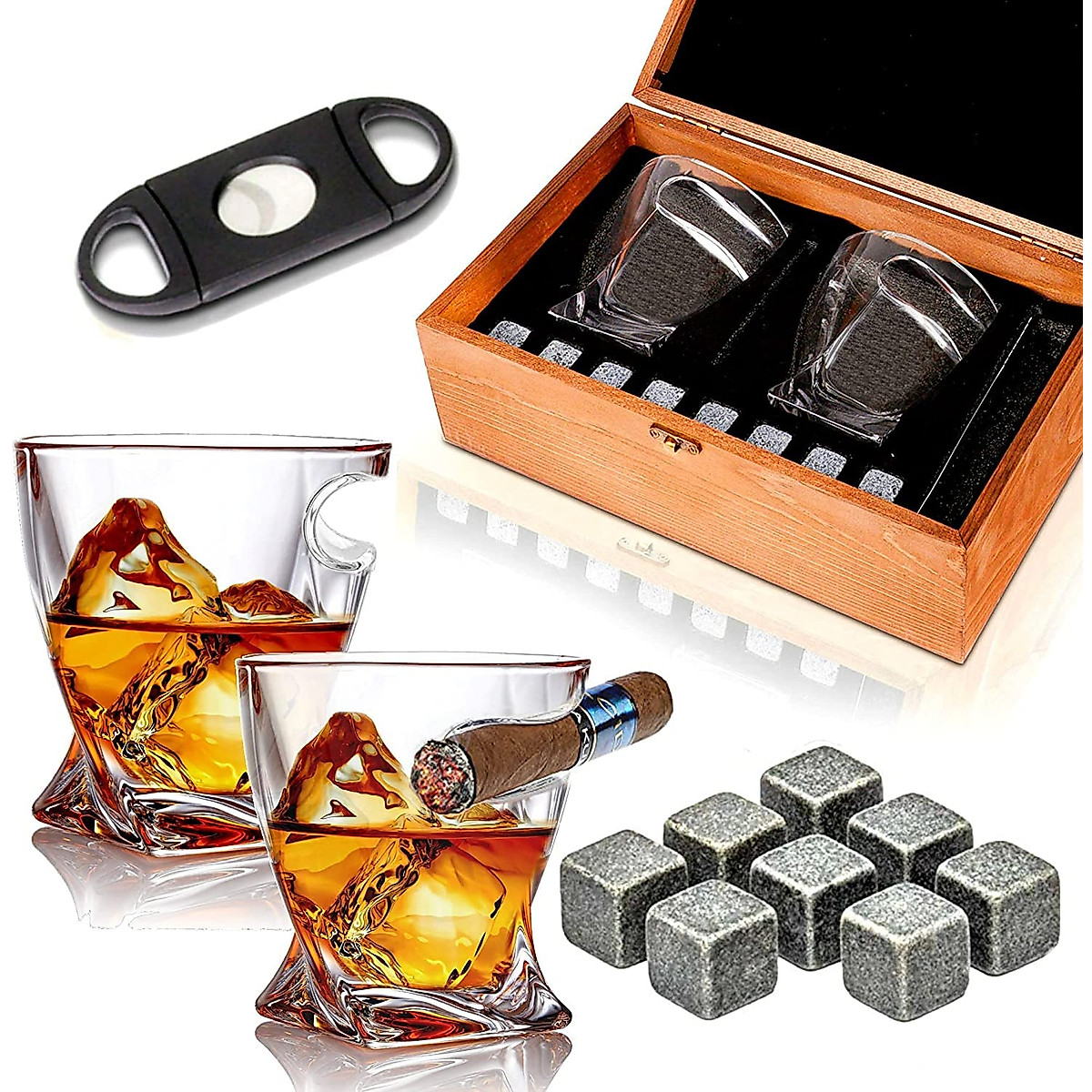 Bezrat Whiskey Cigar Glasses Gift Set - with Side Mounted Cigar Rest - Whisky Chilling Stones and accessories in Wooden Box - Scotch Bourbon Christmas Gift for Dad, Husband, Fathers Day, Birthday