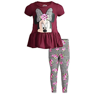 Disney Minnie Mouse Big Girls Peplum T-Shirt and Leggings Outfit Set Wine Red 8