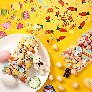 100 Pieces Easter Cellophane Treat Bags, Easter Egg Bunny Chick Carrot Printed Pattern Clear Plastic Candy Goodies Bags with 100 Silver Twist Ties for Easter Day Party Supplies, 4 Assorted Style