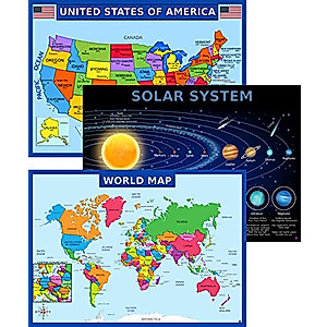 World Map Poster, United States USA Map, Solar System Posters for Kids - Laminated, Size 14x19.5 in.- Educational Posters for Elementary Classroom Decorations, Teacher Supplies (Maps and Solar)