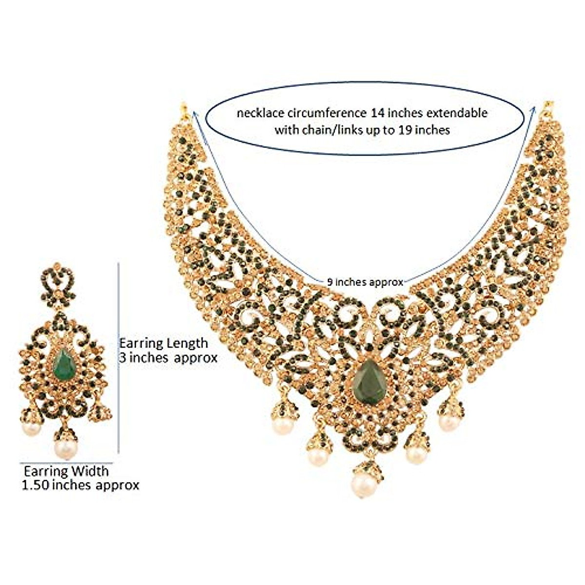 Touchstone New Indian Bollywood Desire Traditional Filigree Faux Green Emerald Color Exclusive Grand Bridal Jewelry Necklace Set in Antique Gold Tone for Women