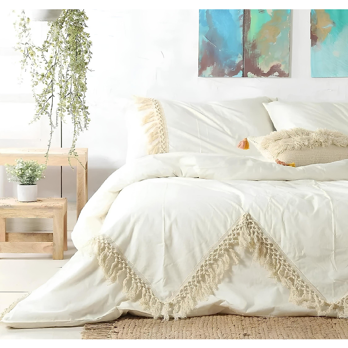 INDACORIFY 3 Pcs Boho Tassel Duvet Cover with Fringes Bedding Washed Duvet Cover Queen King Double Twin Custom Size Fringes Duvet Cover Boho Bedding (Over Size 108X108 Inches)