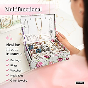 Jewelry Organizer Box - Women Two Layer Display Storage Case Large PU Leather Jewelry Holder with Lock for Earring Ring Necklace Bracelet, Beige White (Floral White)