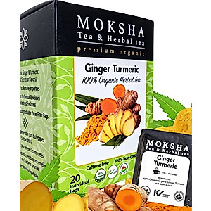 Pure Organic Turmeric Tea Bags with Ginger - Ginger Tea Bags with Turmeric Curcumin By Moksha Tea - 20 Turmeric Ginger Tea Bags
