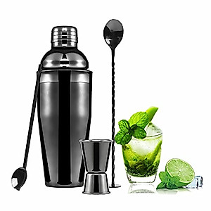 Purism Cocktail Shaker,4-Piece Stainless Steel Bartender Kit Essential Cocktail Bar Tool Set,25 oz Martini Shaker with a Built in Strainer lid &Manual of Recipe, Bar Set for Home Drink Mixing（Black）