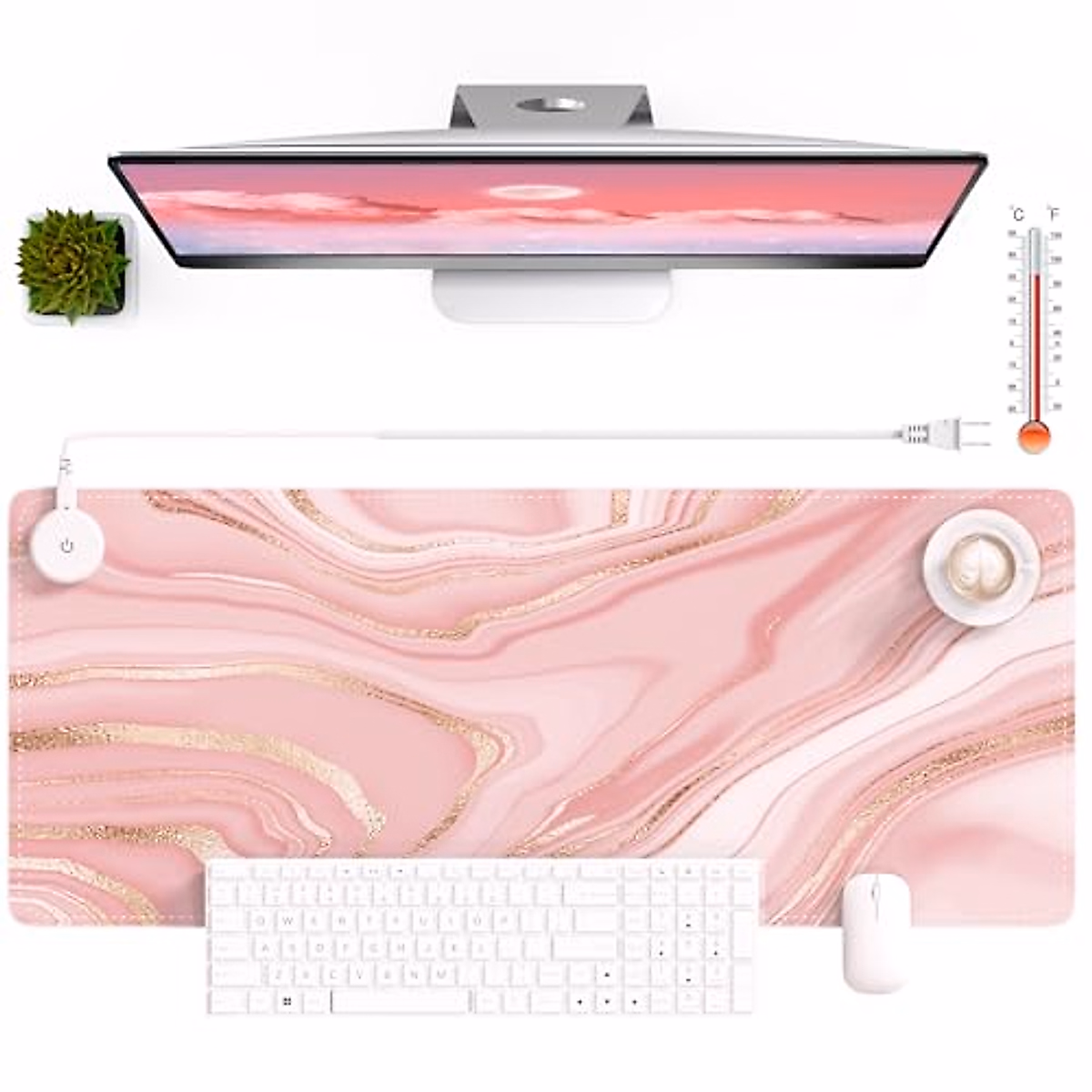 HAOCOO Heated Desk Pad Large, Warm Mouse Pad Gaming, Computer Desk Mat for Desktop, 3 Levels Heating, Auot Shut Off, PU Leather Laptop Keyboard Mat for Home Office,Rose Gold Pink