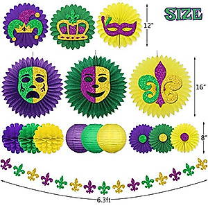 Mardi Gras Paper Fan Decoration Kit Fleur De Lis Flower Garland Green Gold Purple Glittery Cutouts Paper Honeycomb Balls Lanterns Backdrop for Mardi Gras Theme Birthday Masquerade Party Supplies New Orleans Carnival Favors