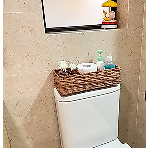 3 Section Toilet Paper Tray Basket, Toilet Tank Waterproof Storage Baskets, Rustic Farmhouse Bathroom Decor, Organizer for Bathroom, Wicker Organizer for Bathroom Home Washroom (Light Brown)