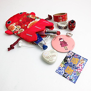 BARbee Red Japanese Chirimen & Kimono Print Fabric Goldfish Drawstring Pouch Coin Dice Purse Cosmetic Jewelry Key Travel Storage Bag Valentine's Day Gift Christmas Gift (Large)