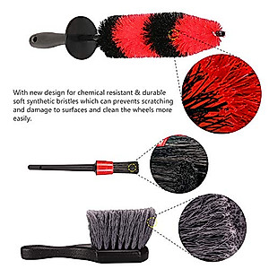 SPTA 9Pcs Wheel & Tire Brush Car Detailing kit, Easy Reach Wheel and Rim Brush, 5pcs Detailing Brushes, Short Handle Cleaning Brush, 1pc Microfiber Cleaning Cloth, Great to Clean Dirty Tires