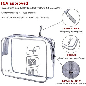 ANRUI TSA Approved Toiletry Bag, Quart Size Travel Toiletry Bags, Clear Toiletry bag Carry On Airport Airline Compliant Bag, Clear Pouch Bag 3 Pack, Grey