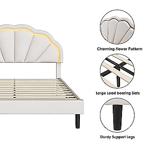 HIFIT Queen Upholstered Smart LED Bed Frame with Adjustable Elegant Flowers Headboard, Platform Bed Frame Queen Size with Wooden Slats Support, No Box Spring Needed, Easy Assembly, Beige