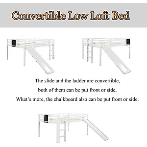 CITYLIGHT Full Size Loft Bed with Slide, Kids Low Loft Bed Frame with Chalkboard for Boys & Girls, Wood Full Slide Loft Bed with Under-Bed Space Storage (White, Full)