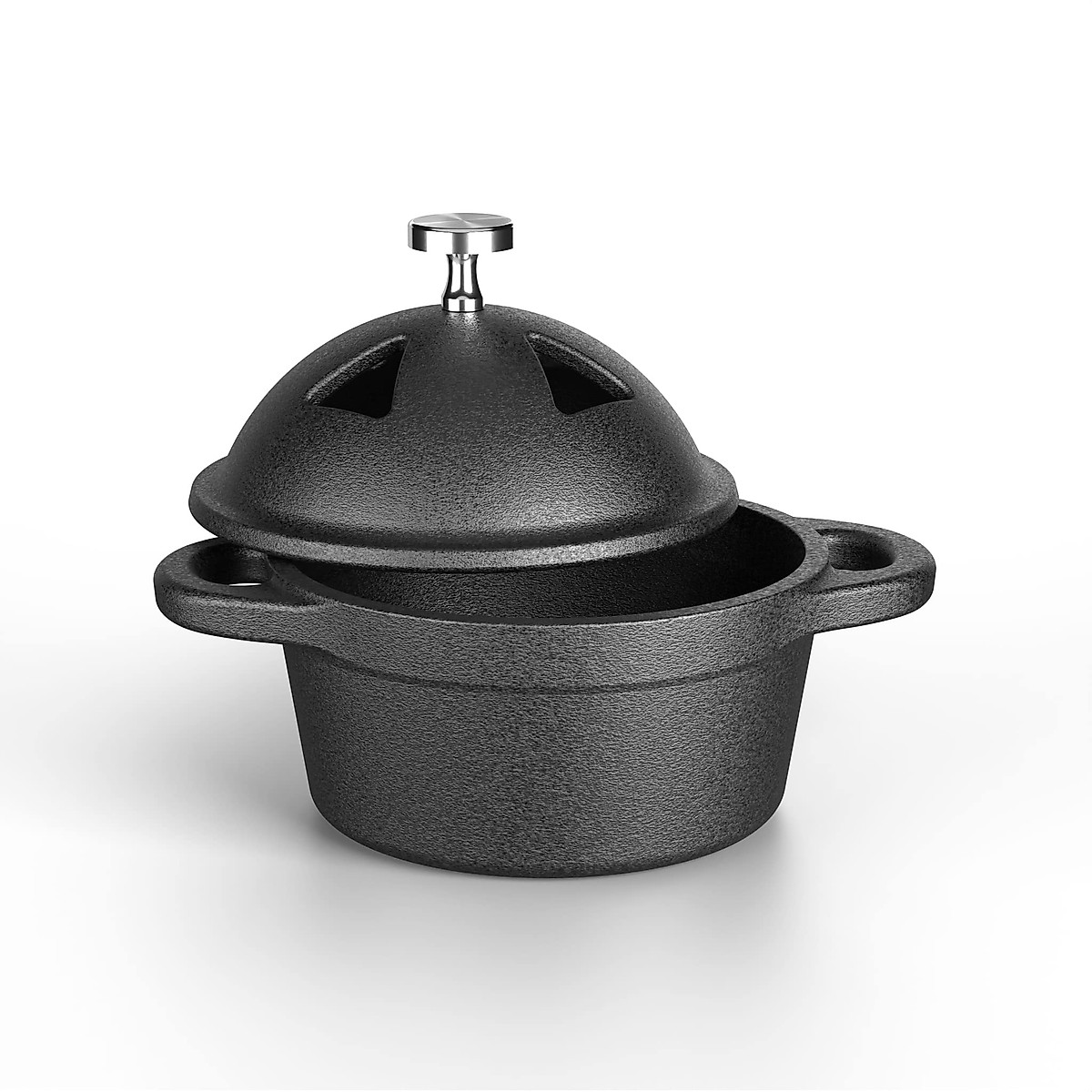 Garlic Roaster Baker, Cast Iron Dutch Oven Pre-Seasoned, Mini Cocotte, 1 Cup Capacity, Black, Ramekin with Lid, for BBQ Grill or Oven, by Bazaar LM-ents (Dome Lid)