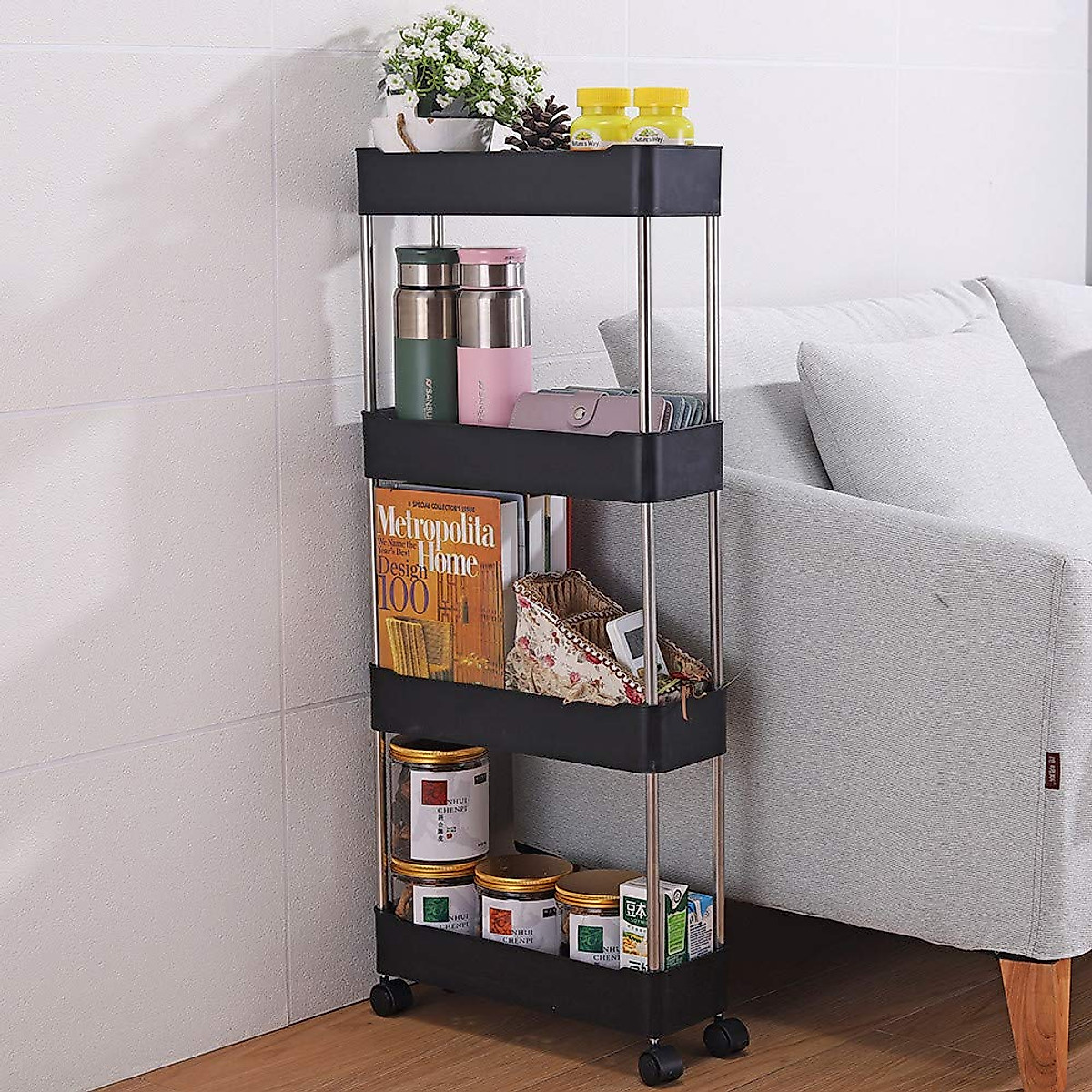 Generic Slim Rolling Storage Cart for Laundry Room Organization, 4 Tier Assemble Mobile Shelving Unit with Wheels Rolling Utility Cart Storage Rack for Kitchen