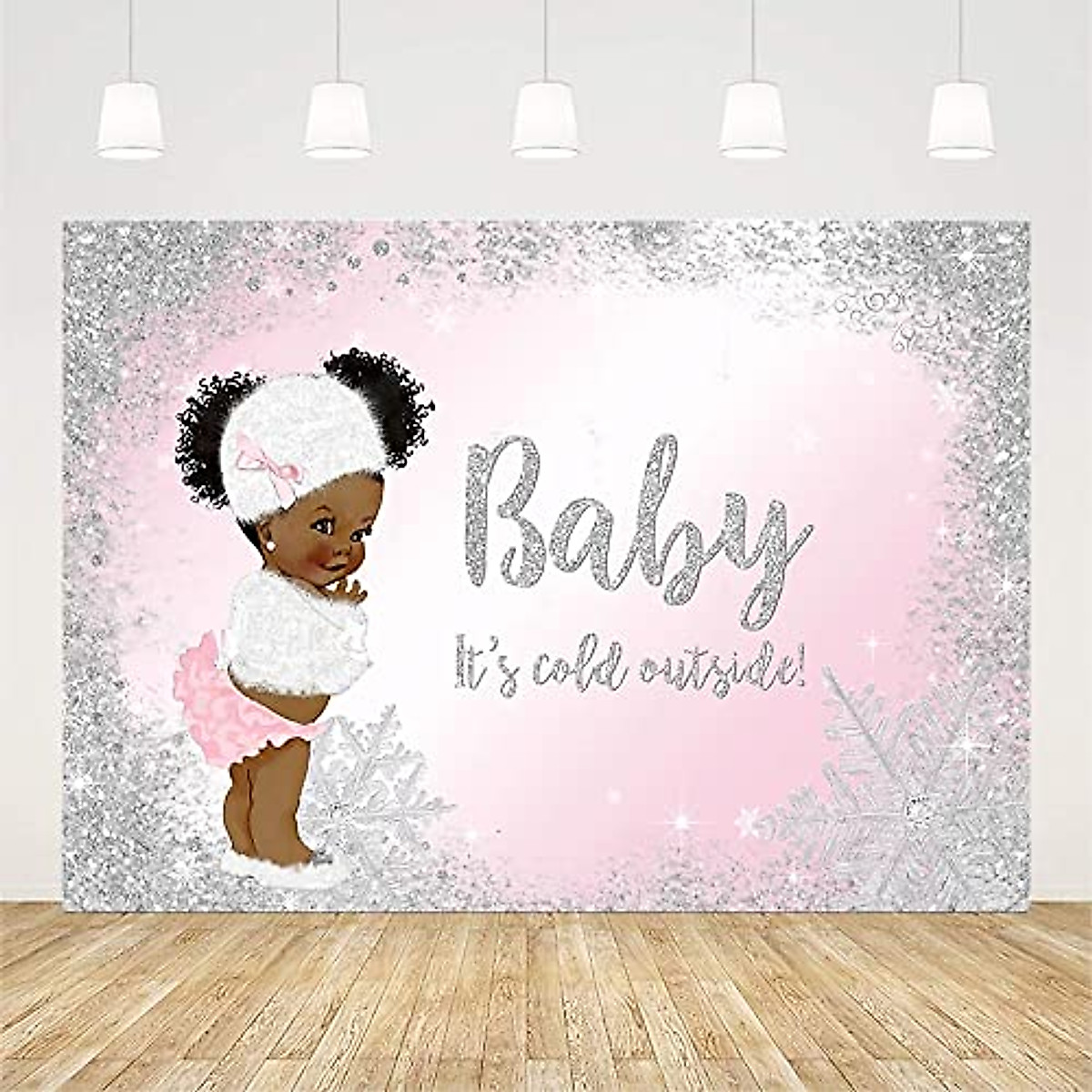 AIBIIN 8x6ft Baby It's Cold Outside Backdrop Baby Shower Party Decorations Supplies for Girl Winter Wonderland Glitter Snowflake Christmas Xmas Pink Photography Background Banner Photo Shoot Props