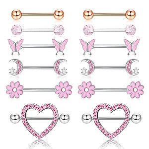 Kakonia 6 Pairs 14G Nipple Rings for Women 316L Stainless Steel Heart Butterfly Moon CZ Flower Barbell Nipple Rings Set Cute Nipplerings Piercing Jewelry