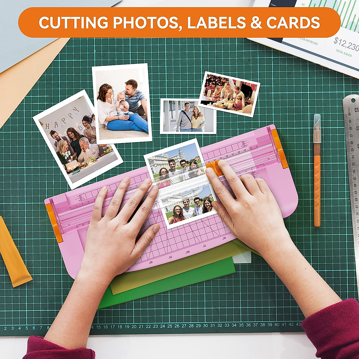 Paper Cutter 12 Inch Titanium Paper Trimmer Scrapbooking Tool with Automatic Security Safeguard and Side Ruler for A4, Craft Paper, Label, Photo and Cardstock (Pink)