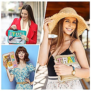 3 Pcs Chenille Letter Clear Zipper Pouch for Travel Waterproof Cosmetic Pouch Clear Snack Bags Nylon Travel Gym Beach Bag Multipurpose Makeup Bag for Women Girl (Soft Color, Travel, Stuff, Snack)