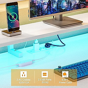 Furologee White L Shaped Desk with LED Lights & Power Outlet, Reversible Corner Computer Desk/91in Long Desk with Fabric Drawer and Shelves, Home Office Gaming Table with Monitor Stand-(55.1+39.4) in