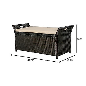 Patio Storage Bench for Outside Outdoor Furniture Wicker Deck Box with All-Weather Cushion, Beige