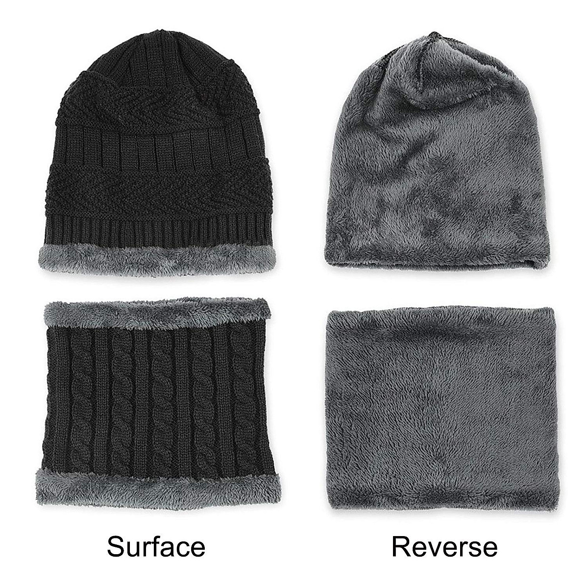 Winter Knit Beanie Hat Neck Warmer Gloves Set, Fleece Lined Skull Cap Scarves Touch Screen Mittens for Men Women Boys