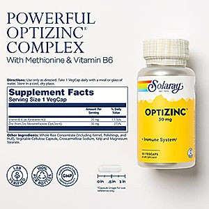 Solaray OptiZinc 30mg Immune Support Supplement, Chelated Zinc Capsules, Endocrine Systems and Cellular Health Support, with Methionine, Vitamin B6 and NO Copper, 60-Day Guarantee, 60 Serv, 60 VegCaps