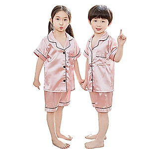 Digirlsor Little Boys Girls Short Satin Pajamas Set Classic Silk Pjs Toddler Kids 2 Piece Sleepwear Button-Down Short Sleeve Pink, Tag16/11-12 years/ Height 140-150cm