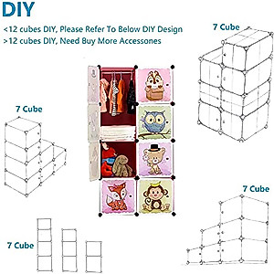 BRIAN & DANY Portable Cartoon Clothes Closet DIY Modular Storage Organizer, Sturdy and Safe Wardrobe for Children and Kids, 6 Cubes&1 Hanging Sections, 30% Deeper Than Standard Version, Red
